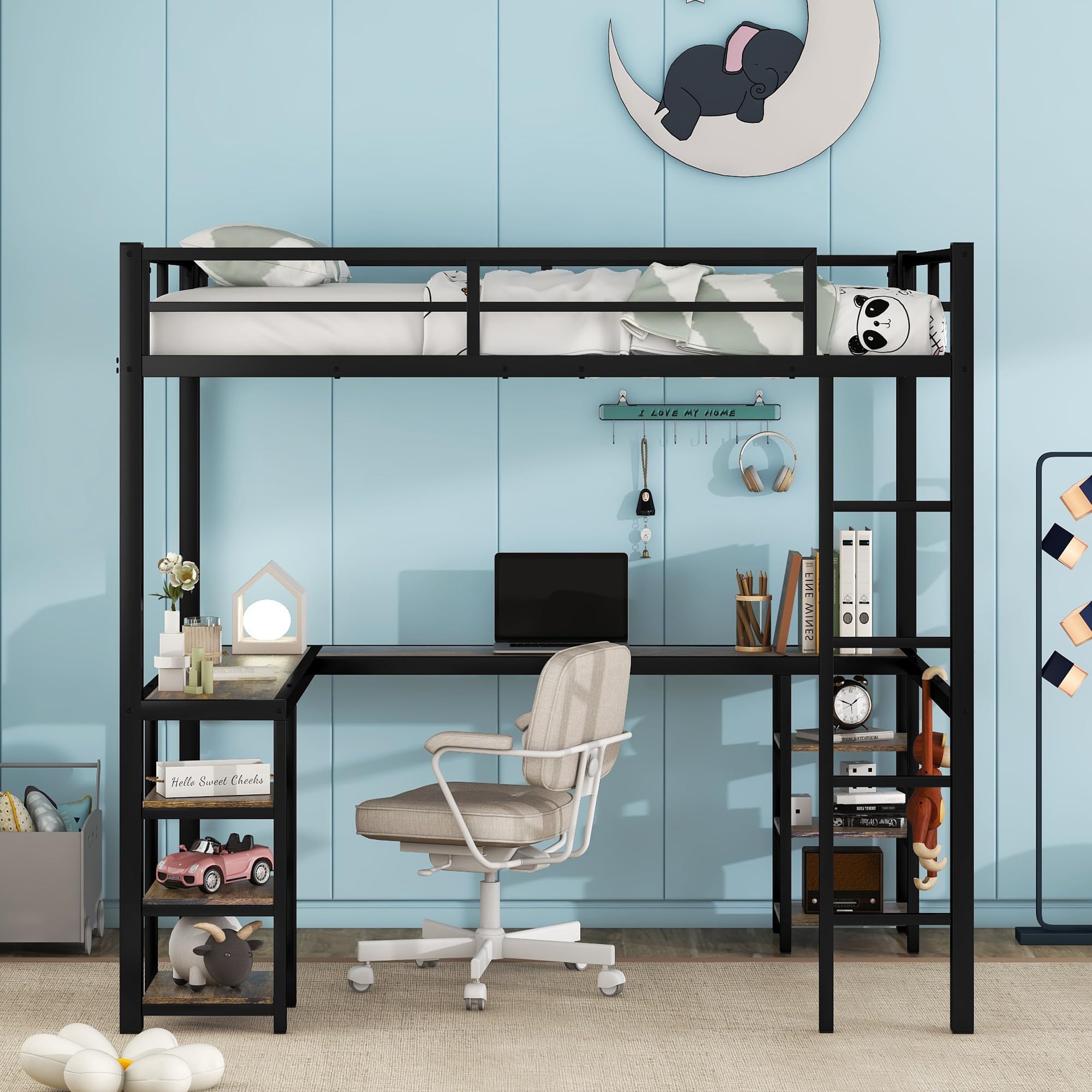 Hlcodca Full Size Loft Bed with Desk, Metal Loft Bed Frame with Storage Shelves, Heavy-Duty Kids Loft Beds with Ladder & L-Shape Desk for Boys Girls Teens