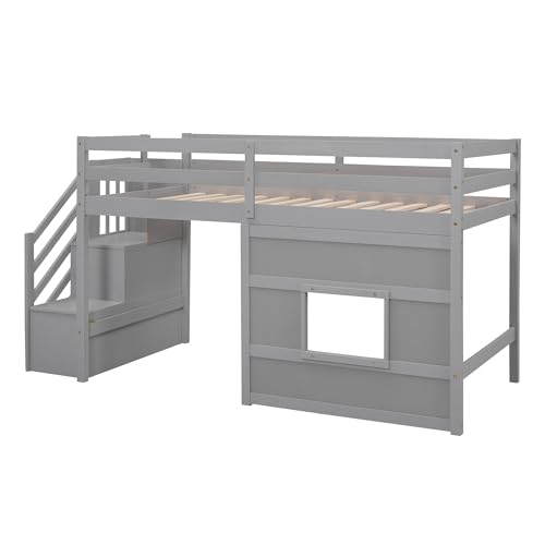 WOXYX Twin Size Loft Bed,Wood Beds Frame with Storage Staircase and Window,Grey