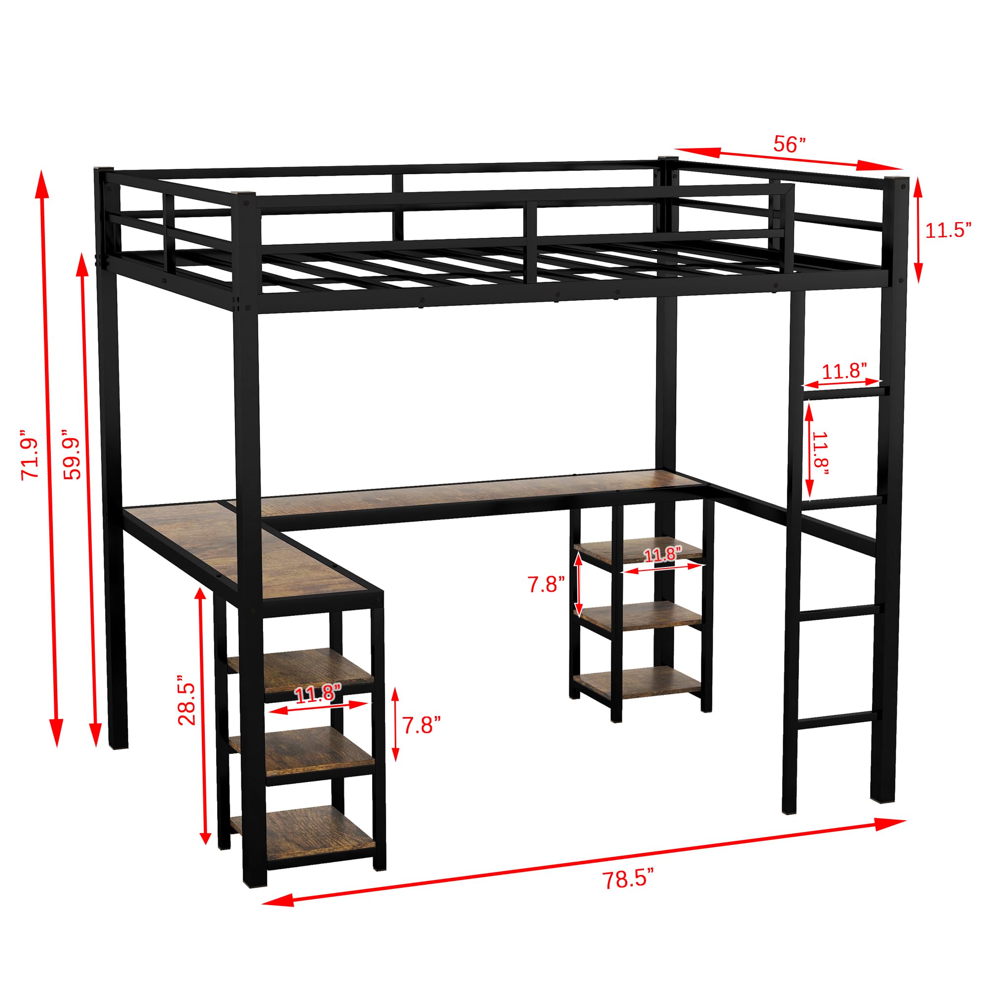 Hlcodca Full Size Loft Bed with Desk, Metal Loft Bed Frame with Storage Shelves, Heavy-Duty Kids Loft Beds with Ladder & L-Shape Desk for Boys Girls Teens