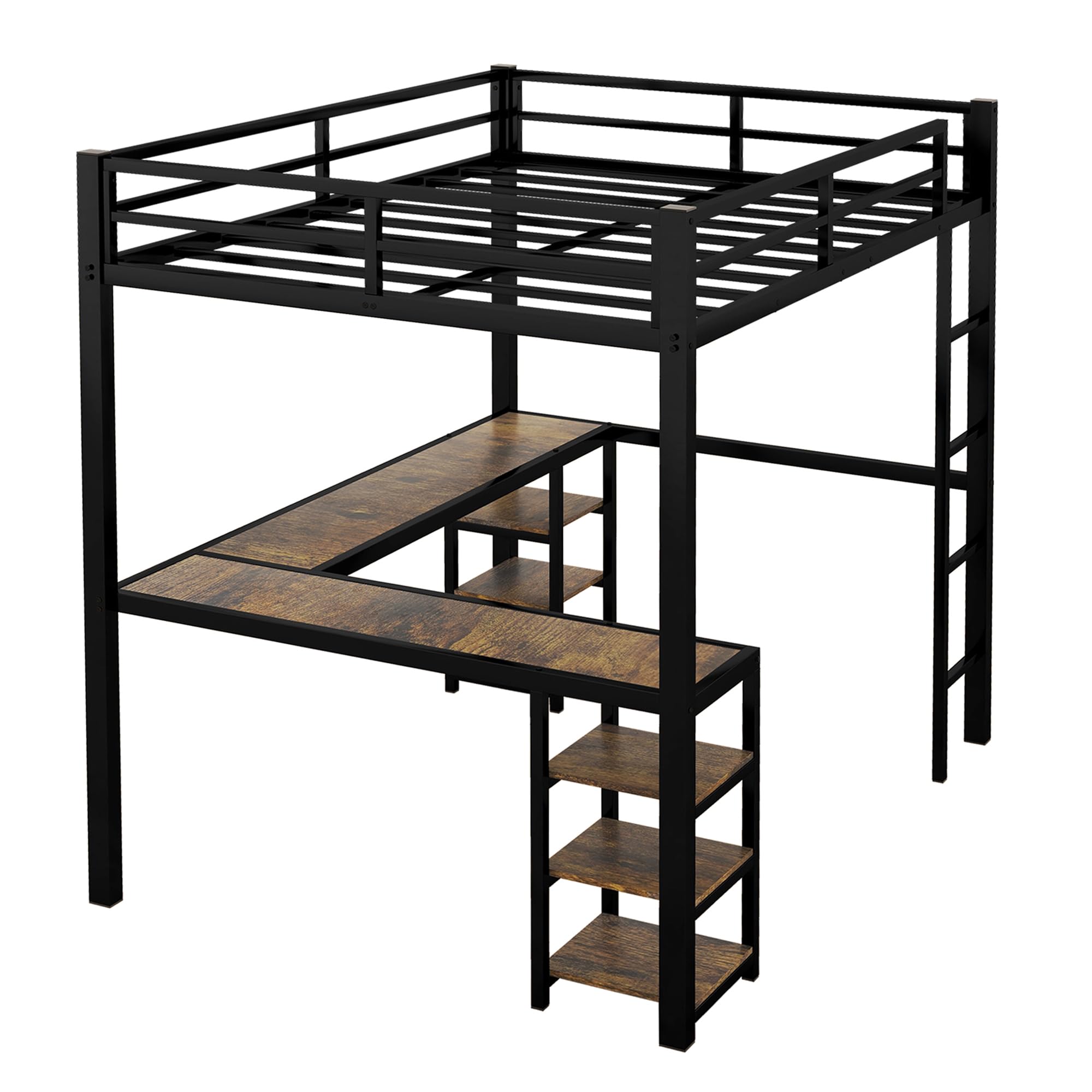 Hlcodca Full Size Loft Bed with Desk, Metal Loft Bed Frame with Storage Shelves, Heavy-Duty Kids Loft Beds with Ladder & L-Shape Desk for Boys Girls Teens