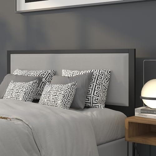 EMMA + OLIVER Queen Size Light Gray Fabric Upholstered Panel Headboard with Metal Surround and Legs - Attaches to Standard Bed Frames