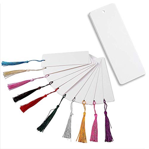 Teemico 96 Pcs Kraft Paper Blank Cardstock Bookmarks for DIY Projects and Gifts Tags, White, 5.9 by 2 inch (48Pcs Bookmarks with 48 Tassels)