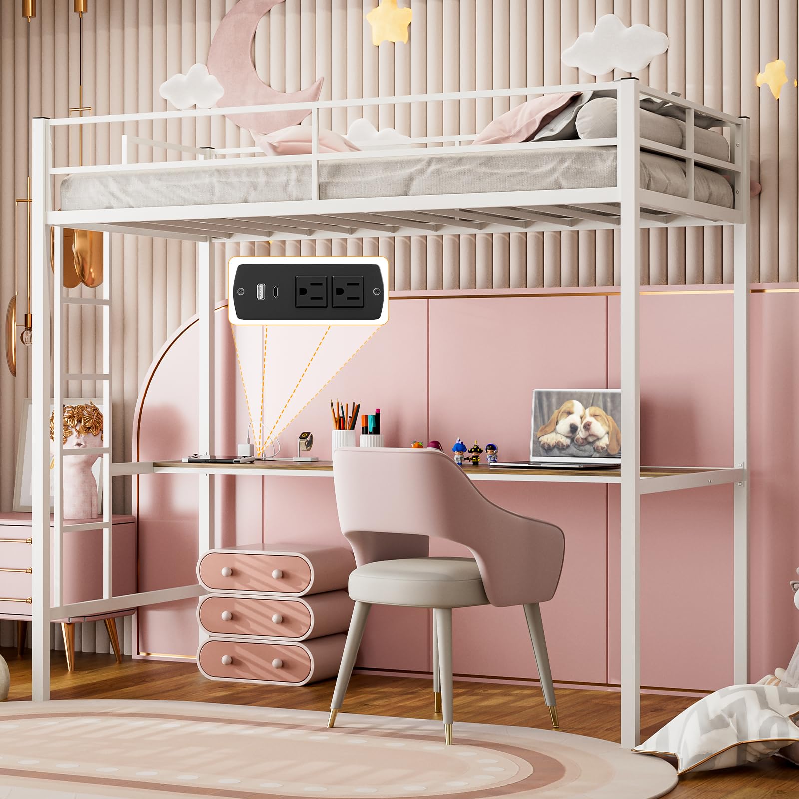IKIFLY Metal Twin Size Loft Bed with Desk & Charging Station, Heavy Duty Loft Bed Frame with Safety Guard Rail and Ladder, Space-Saving Design, Noise Free, No Box Spring Needed - White