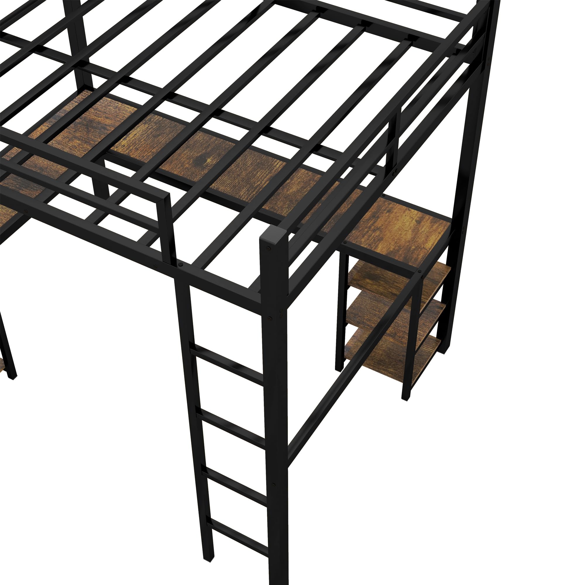 Hlcodca Full Size Loft Bed with Desk, Metal Loft Bed Frame with Storage Shelves, Heavy-Duty Kids Loft Beds with Ladder & L-Shape Desk for Boys Girls Teens