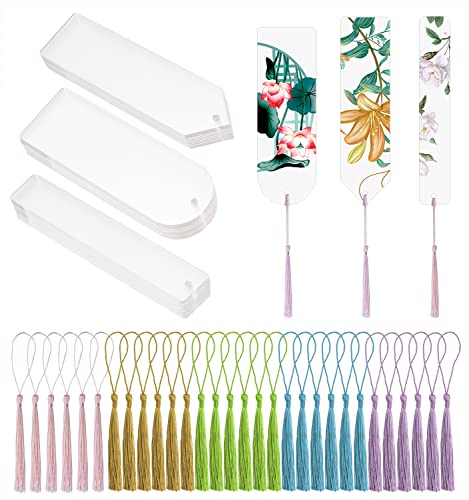 Blank Clear Acrylic Bookmarks Penta Angel 30Pcs Plastic Craft Transparent Acrylic Book Markers with 30Pcs Small Bookmark Tassels for DIY Projects and Graduation Gift Tag (30)