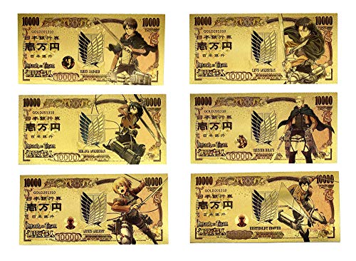 YJacuing Anime Attack on Titan Gold Coated Banknote, Limited Edition Collectible Bill Bookmark (6 PCS Collection)