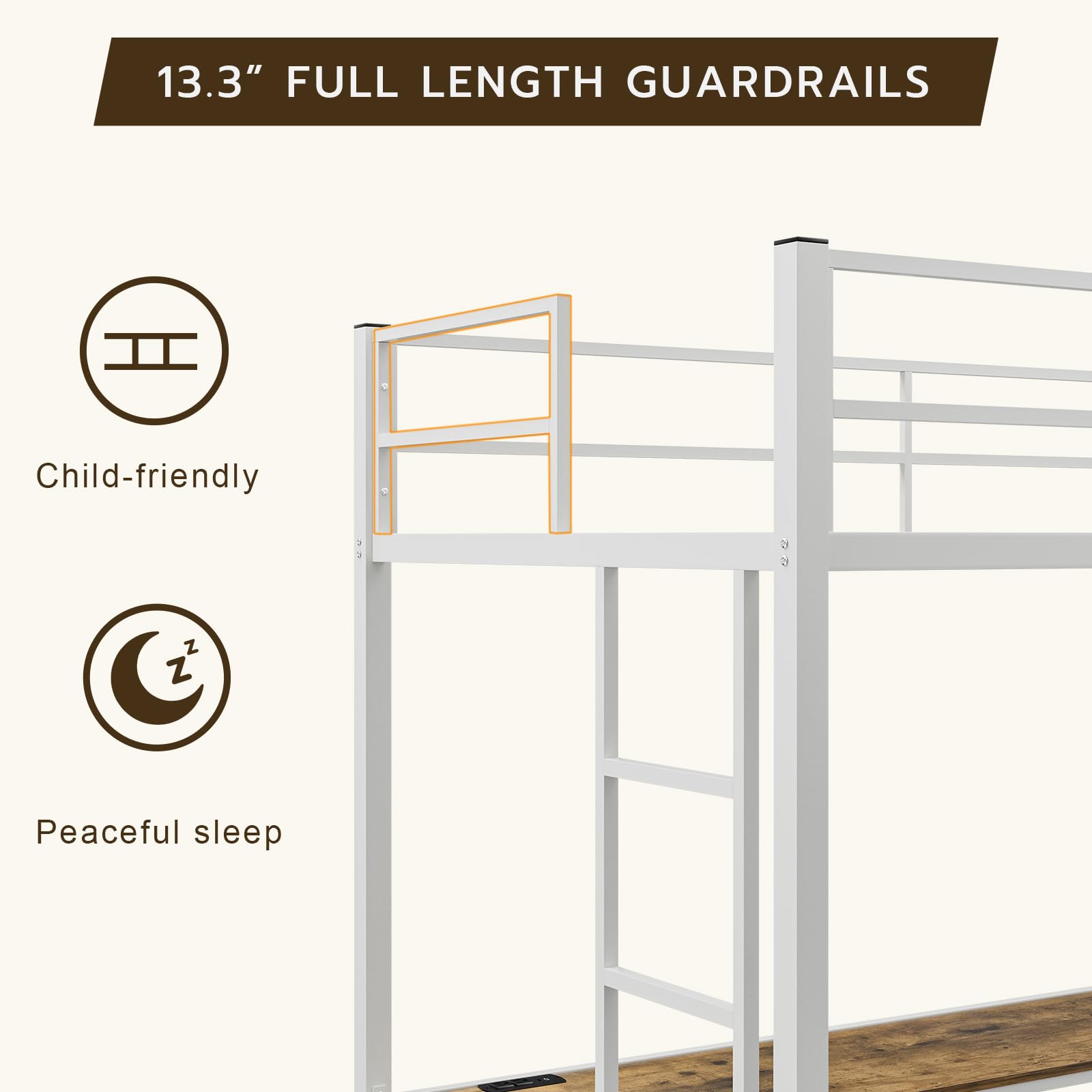 IKIFLY Metal Twin Size Loft Bed with Desk & Charging Station, Heavy Duty Loft Bed Frame with Safety Guard Rail and Ladder, Space-Saving Design, Noise Free, No Box Spring Needed - White