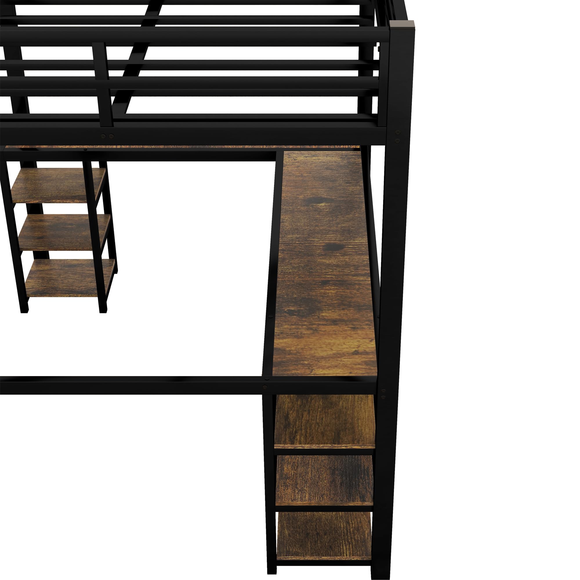 Hlcodca Full Size Loft Bed with Desk, Metal Loft Bed Frame with Storage Shelves, Heavy-Duty Kids Loft Beds with Ladder & L-Shape Desk for Boys Girls Teens