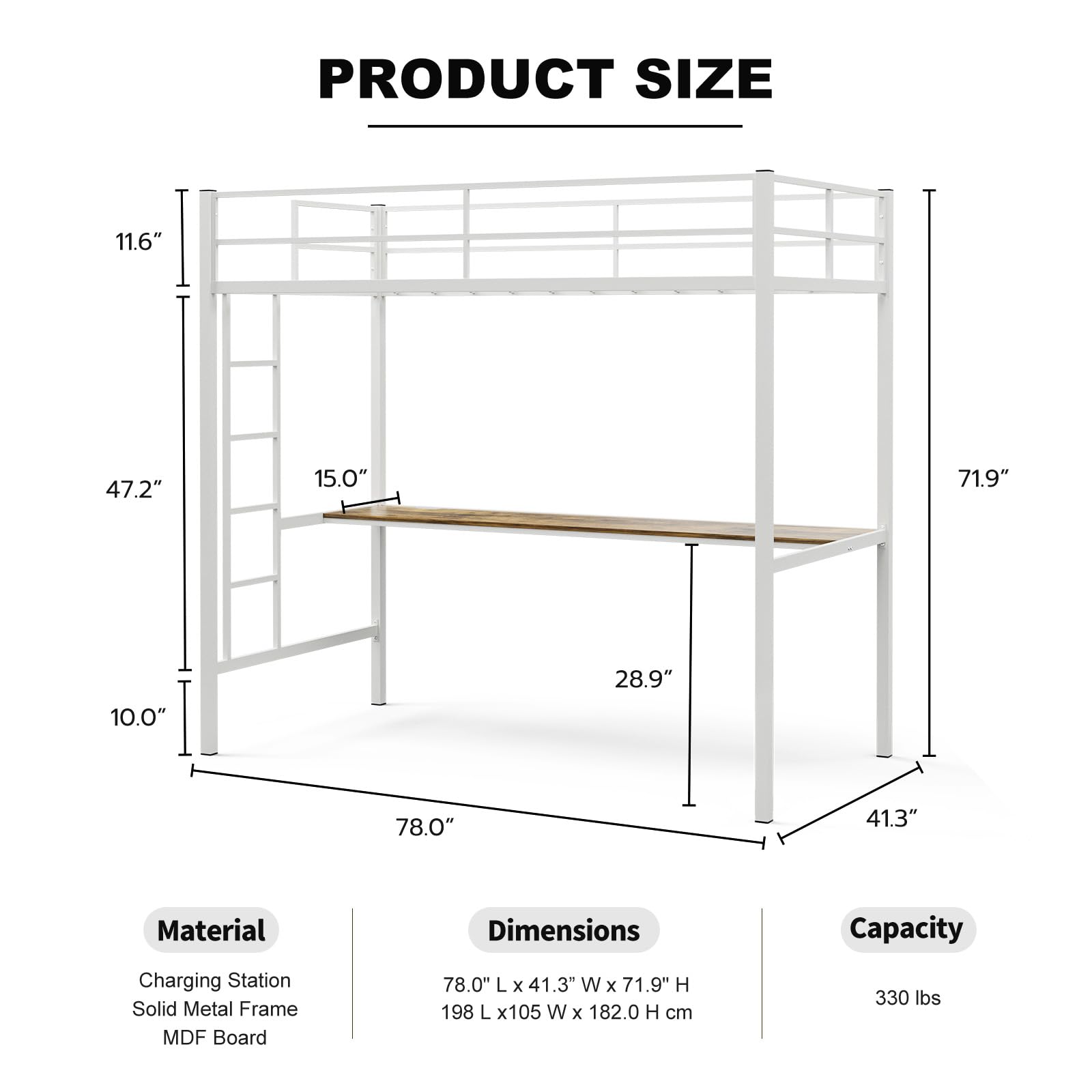 IKIFLY Metal Twin Size Loft Bed with Desk & Charging Station, Heavy Duty Loft Bed Frame with Safety Guard Rail and Ladder, Space-Saving Design, Noise Free, No Box Spring Needed - White