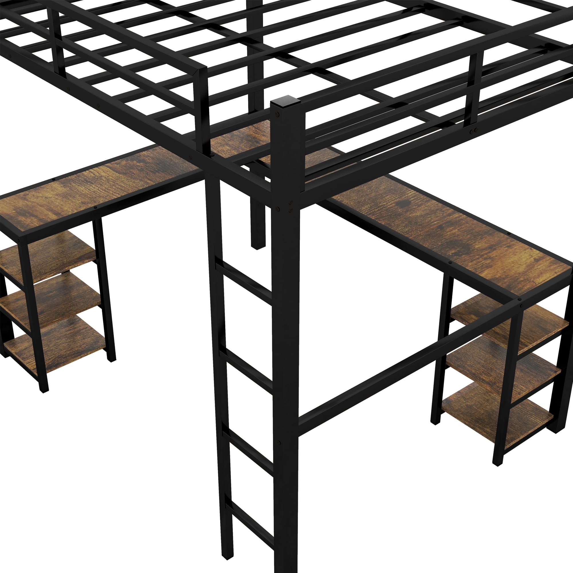 Hlcodca Full Size Loft Bed with Desk, Metal Loft Bed Frame with Storage Shelves, Heavy-Duty Kids Loft Beds with Ladder & L-Shape Desk for Boys Girls Teens