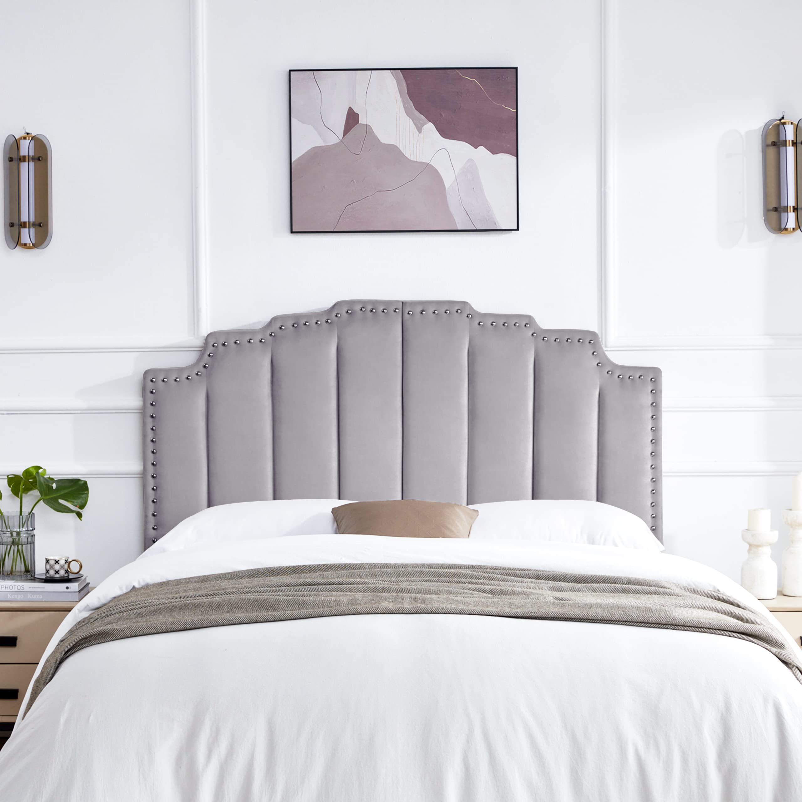 Kingfun Mid Century Headboard for Queen Size Bed, Velvet Upholstered Tufted Bed Headboard with Nailhead Decor, Adjustable Curved Solid Wood Head Board Vertical Channel Design (Medium Grey)