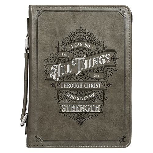 Christian Art Gifts Protective Charcoal Gray Faux Leather Classic Bible Cover Carry Case for Men: All Things Through Christ - Philippians 4:13 Inspirational Bible Verse with Zipper and Pocket, Large