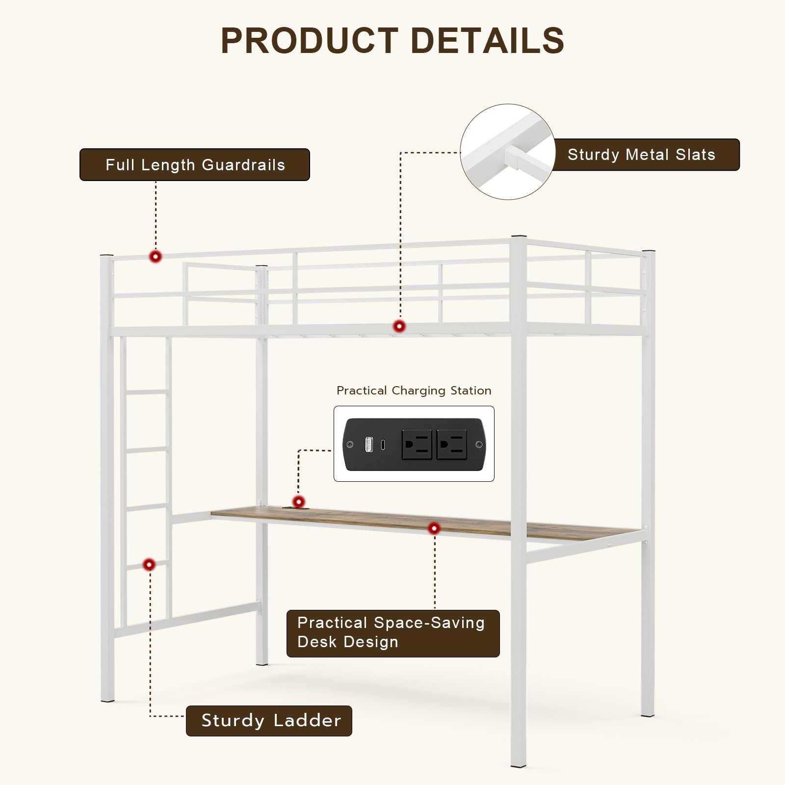 IKIFLY Metal Twin Size Loft Bed with Desk & Charging Station, Heavy Duty Loft Bed Frame with Safety Guard Rail and Ladder, Space-Saving Design, Noise Free, No Box Spring Needed - White