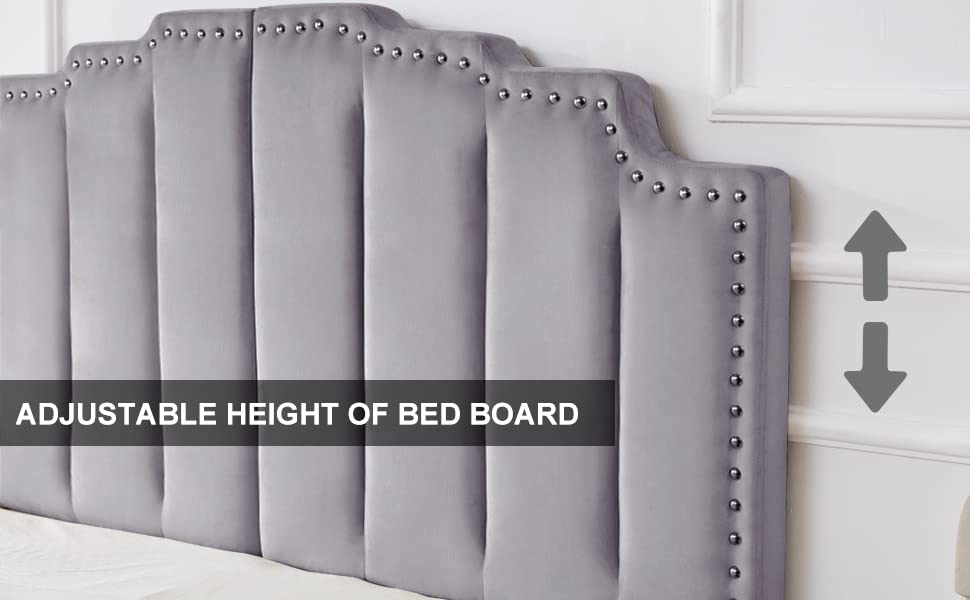Kingfun Mid Century Headboard for Queen Size Bed, Velvet Upholstered Tufted Bed Headboard with Nailhead Decor, Adjustable Curved Solid Wood Head Board Vertical Channel Design (Medium Grey)