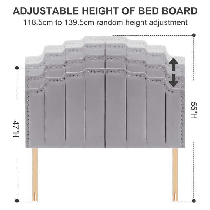 Kingfun Mid Century Headboard for Queen Size Bed, Velvet Upholstered Tufted Bed Headboard with Nailhead Decor, Adjustable Curved Solid Wood Head Board Vertical Channel Design (Medium Grey)