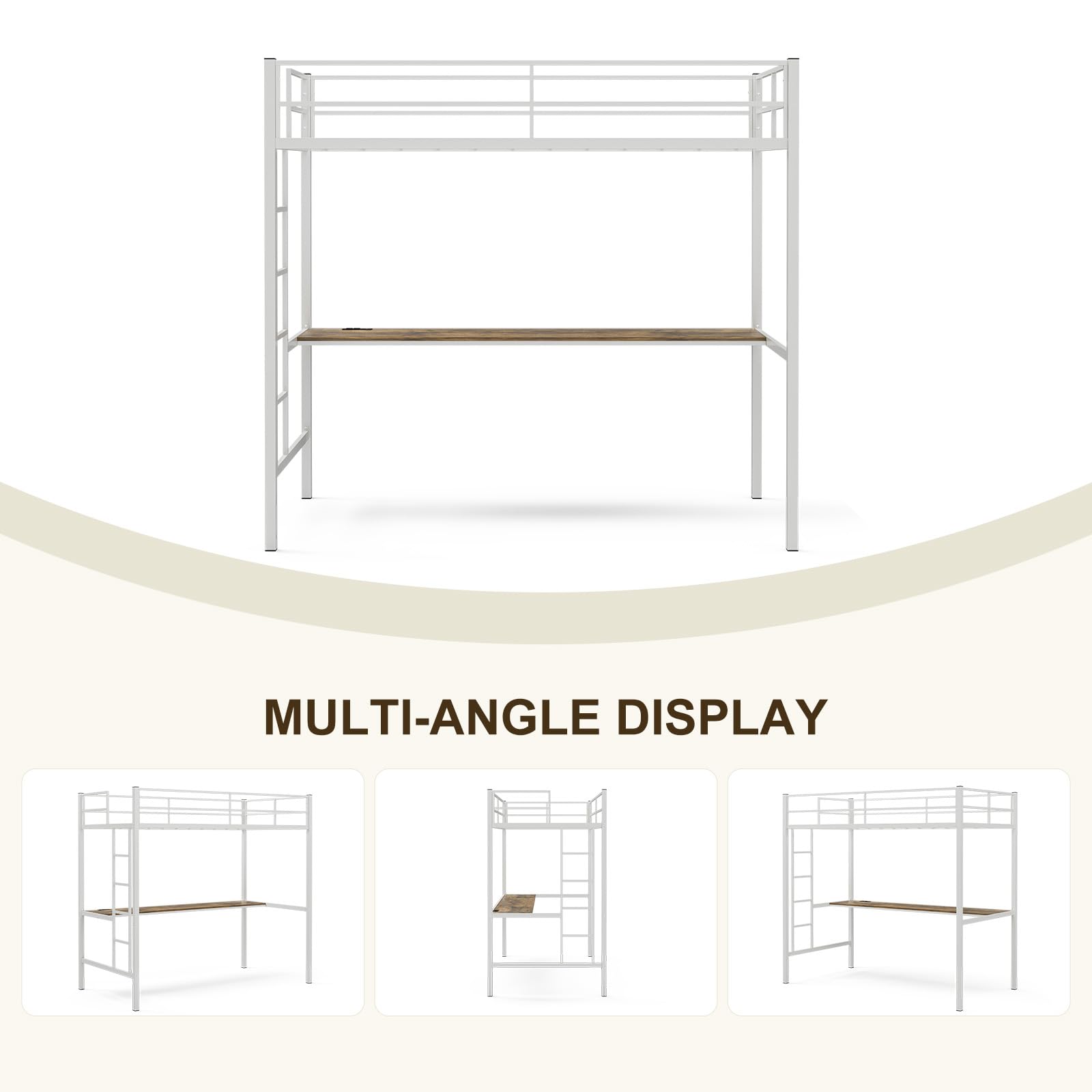 IKIFLY Metal Twin Size Loft Bed with Desk & Charging Station, Heavy Duty Loft Bed Frame with Safety Guard Rail and Ladder, Space-Saving Design, Noise Free, No Box Spring Needed - White