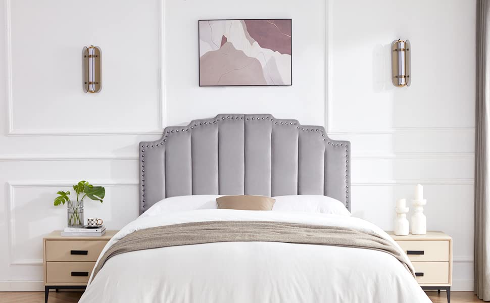 Kingfun Mid Century Headboard for Queen Size Bed, Velvet Upholstered Tufted Bed Headboard with Nailhead Decor, Adjustable Curved Solid Wood Head Board Vertical Channel Design (Medium Grey)