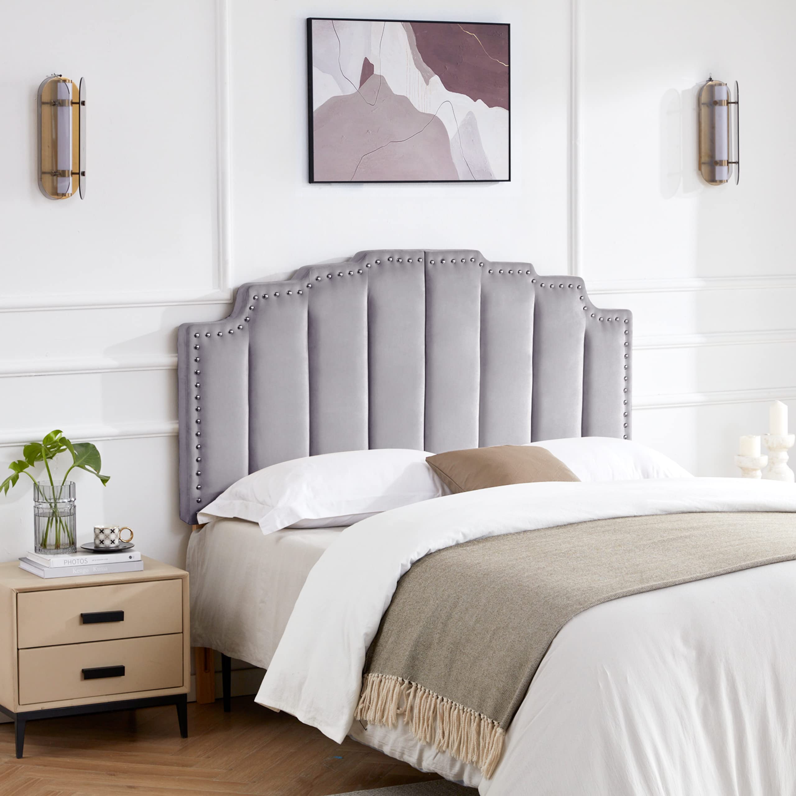 Kingfun Mid Century Headboard for Queen Size Bed, Velvet Upholstered Tufted Bed Headboard with Nailhead Decor, Adjustable Curved Solid Wood Head Board Vertical Channel Design (Medium Grey)