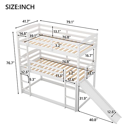 KoiHome Twin Over Twin Over Twin Adjustable Triple Bunk Bed with Slide & Two Ladders, Full-Length Guardrail & Solid Slat Support, Space-Saving for Kids Teens Bedroom, No Box Spring Needed, White