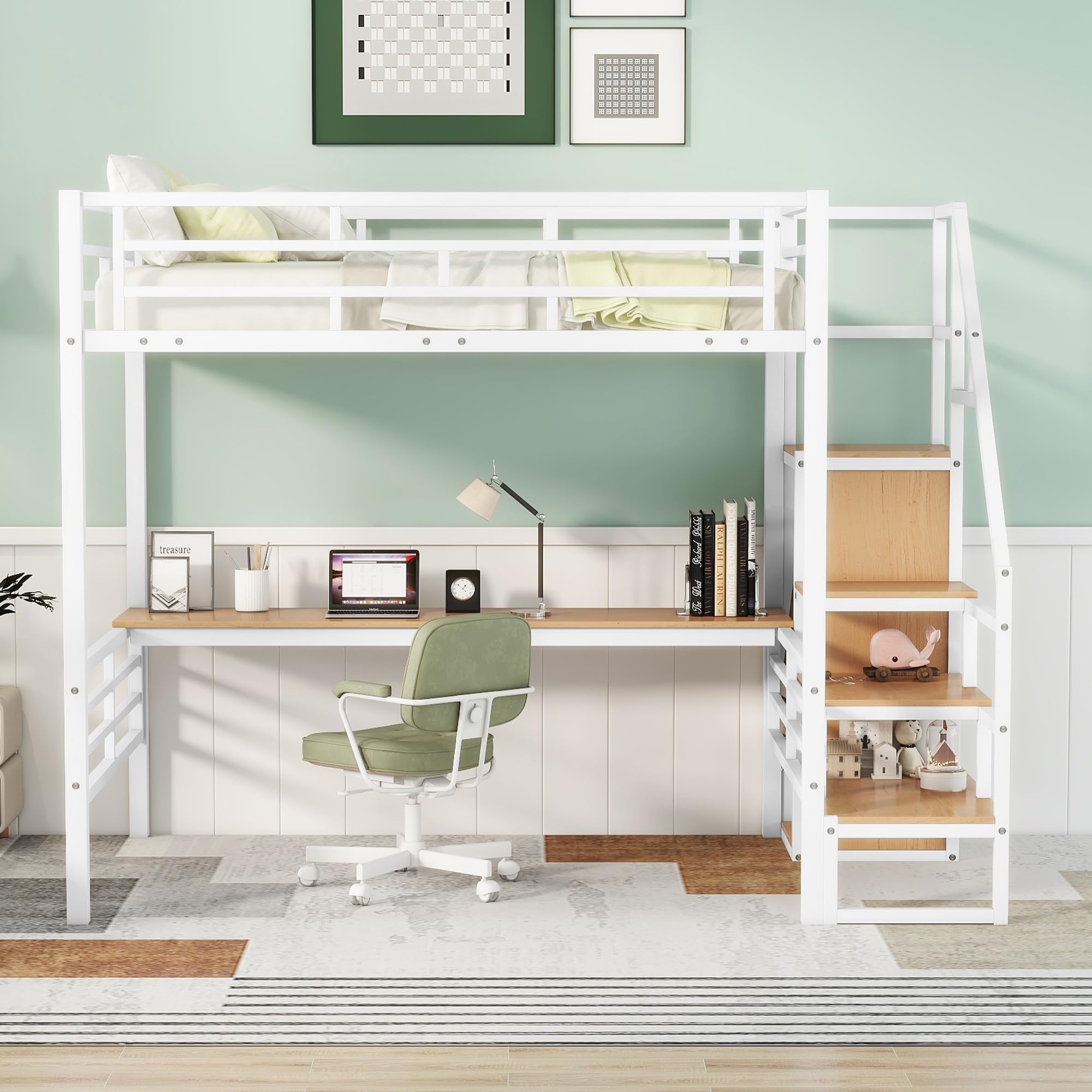 Full Size Loft Bed with Desk and Stairs Metal Loft Bed with Storage Wardrobe and Shelves, Heavy-Duty High Loft Bed for Kids Teens Adults, White