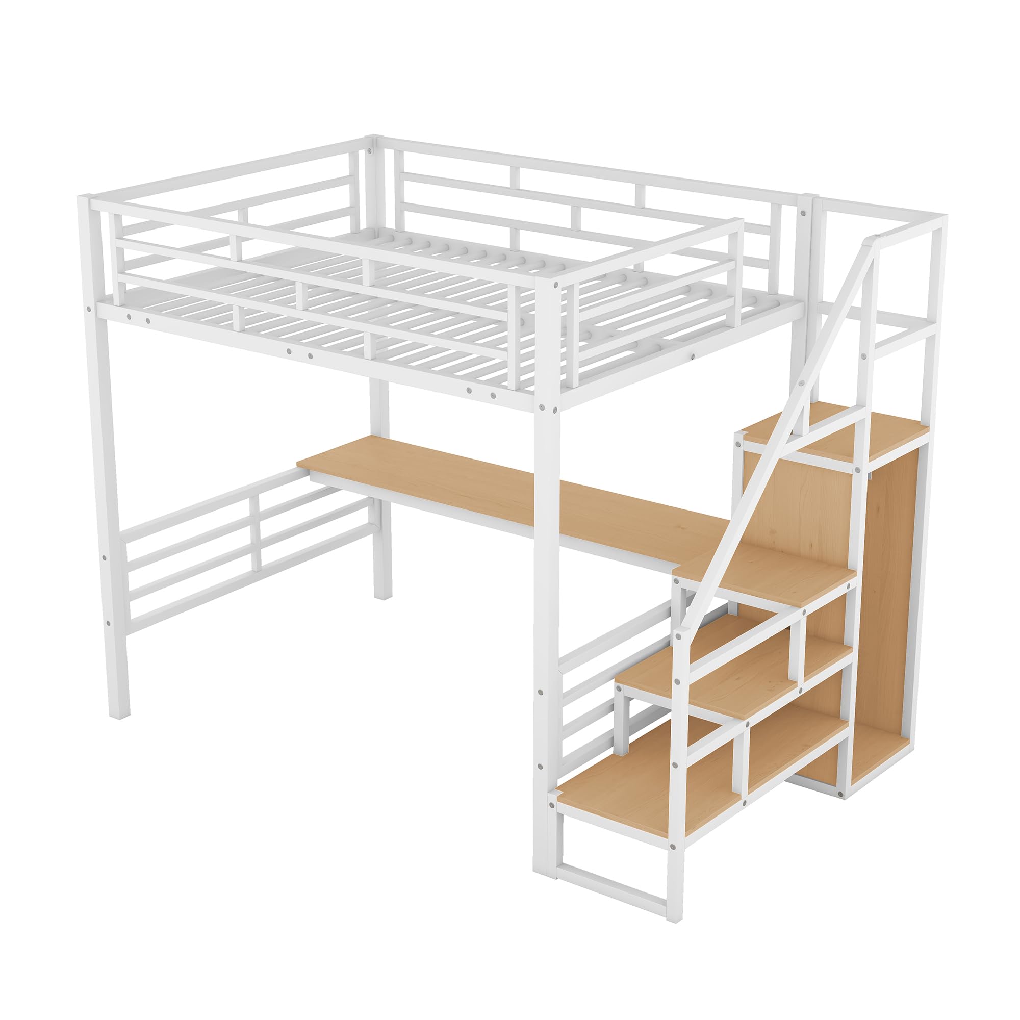 Full Size Loft Bed with Desk and Stairs Metal Loft Bed with Storage Wardrobe and Shelves, Heavy-Duty High Loft Bed for Kids Teens Adults, White