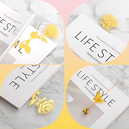 4 Pack Metal Golden Rose Bookmarks Flower Bookmark Cute Bookmarks with 3D Butterfly Pendant Chain and Box Teacher Mom Appreciation Birthday Gifts for Reader Book Lover