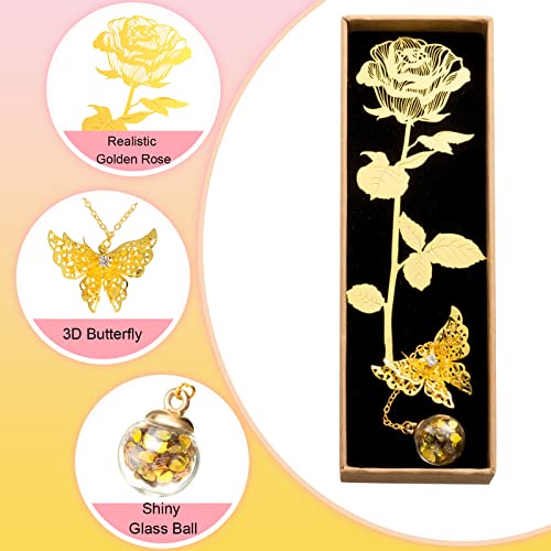 4 Pack Metal Golden Rose Bookmarks Flower Bookmark Cute Bookmarks with 3D Butterfly Pendant Chain and Box Teacher Mom Appreciation Birthday Gifts for Reader Book Lover