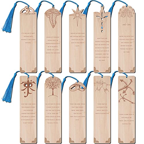 10 Pieces Bookmark Wooden Bookmark Craft, Lord of Rings Themed Hobbits Bookmarks Set with Silk Tassel, Handmade Wooden Carving Book Mark for Women Men Teens