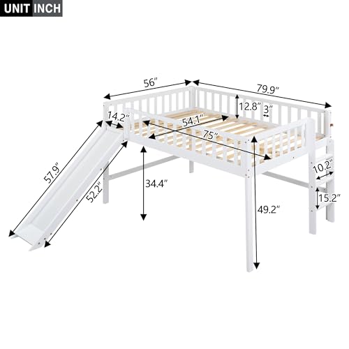 HBRR Full Size Loft Bed with Slide, Wood Low Loft Bed Frame with Ladder & Safety Guardrail, for Kids Boys Girls, White