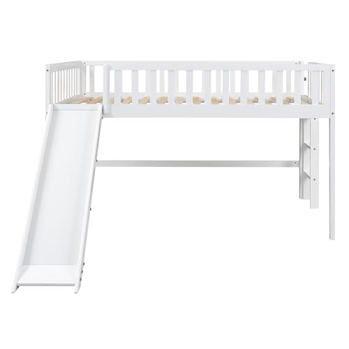 HBRR Full Size Loft Bed with Slide, Wood Low Loft Bed Frame with Ladder & Safety Guardrail, for Kids Boys Girls, White