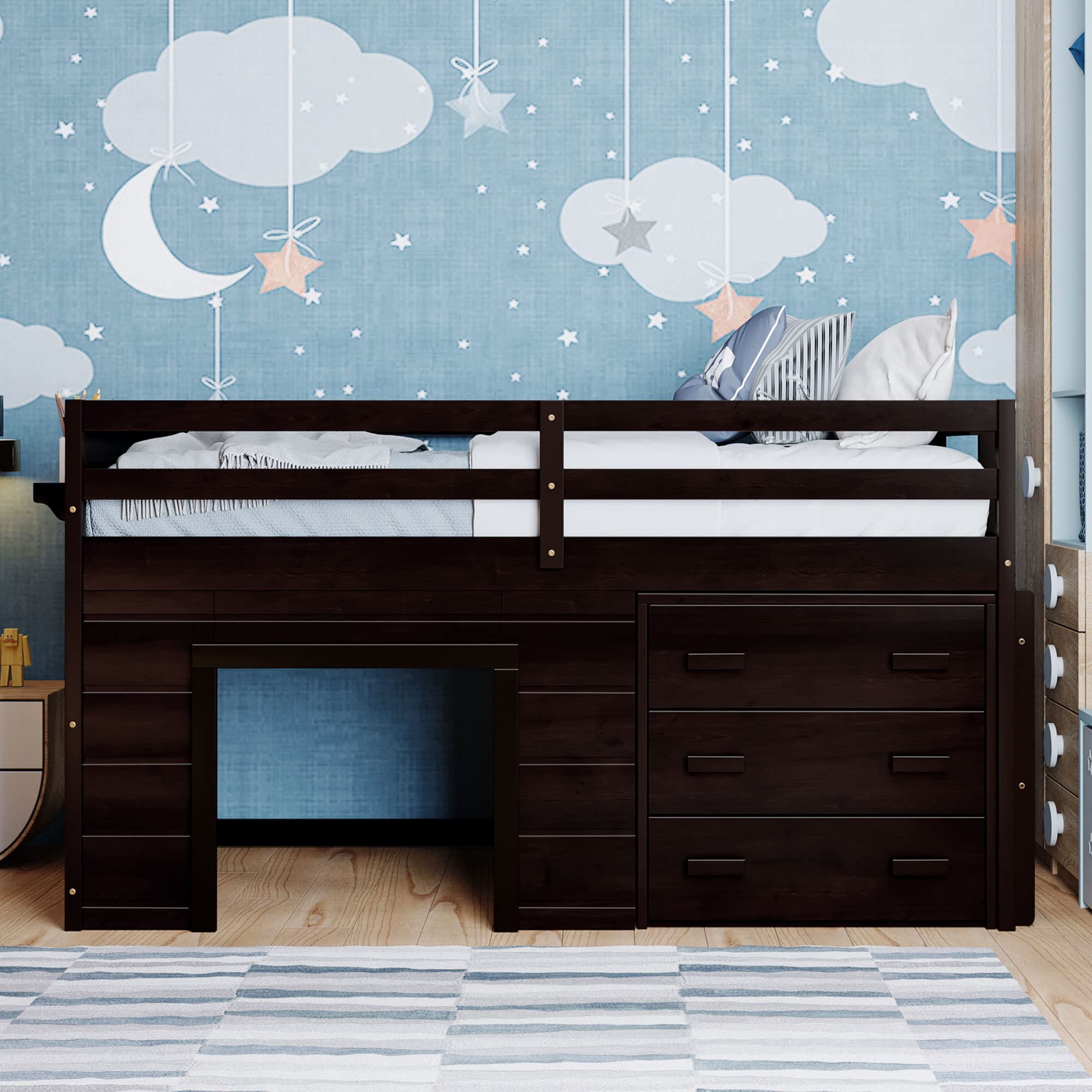 CITYLIGHT Twin Size Low Loft Bed with Storage,Wood Twin Loft Bed with Cabinet and Shelf,Kids Loft Bed Frame for Girls Boys,Espresso
