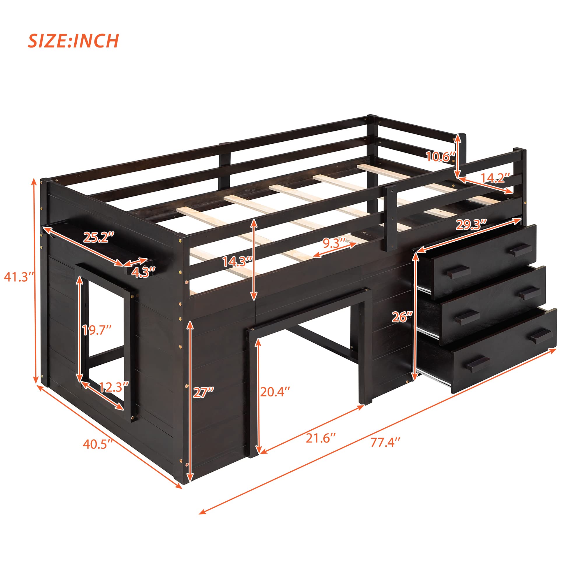 CITYLIGHT Twin Size Low Loft Bed with Storage,Wood Twin Loft Bed with Cabinet and Shelf,Kids Loft Bed Frame for Girls Boys,Espresso