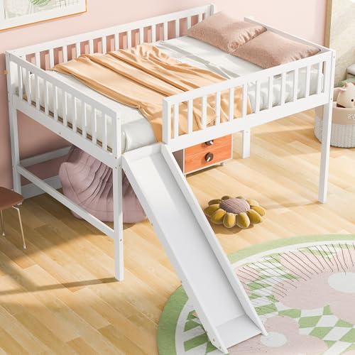 HBRR Full Size Loft Bed with Slide, Wood Low Loft Bed Frame with Ladder & Safety Guardrail, for Kids Boys Girls, White