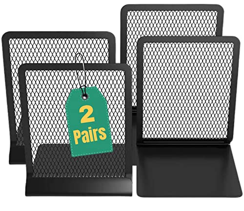 1InTheOffice Bookends for Shelves, Metal Mesh Bookends Heavy Duty, 5.71" Wire Mesh Book Ends, Matte Black, Each, 2 Pairs