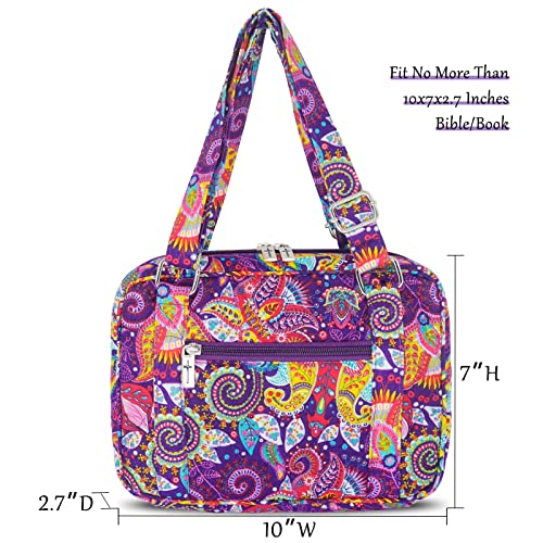 Lost Deer Bible Covers Adjustable Shoulder Straps Scripture Book Case Bags for Women, Purple Floral Quilted Cotton Cloth Bible Case Large 10x7x2.7 Inches