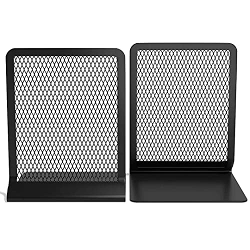 1InTheOffice Bookends for Shelves, Metal Mesh Bookends Heavy Duty, 5.71" Wire Mesh Book Ends, Matte Black, Each, 2 Pairs