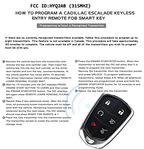 Replacement 6 Buttons Proximity Smart Keyless Entry Remote Fob for Cadillac Escalade and Escalade ESV 2015-2020 315Mhz FCC: HYQ2AB 1 Piece