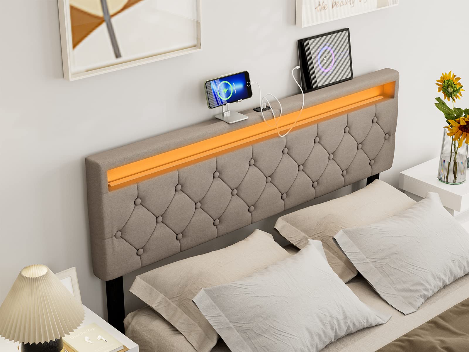IKIFLY Upholstered Queen Size Headboard with LED Lights & 2 USB Ports - Adjustable Height - Button Tufted Linen Fabric Padded Headboard, Easy Assembly, Queen Headboard Only for Bedroom - Light Brown