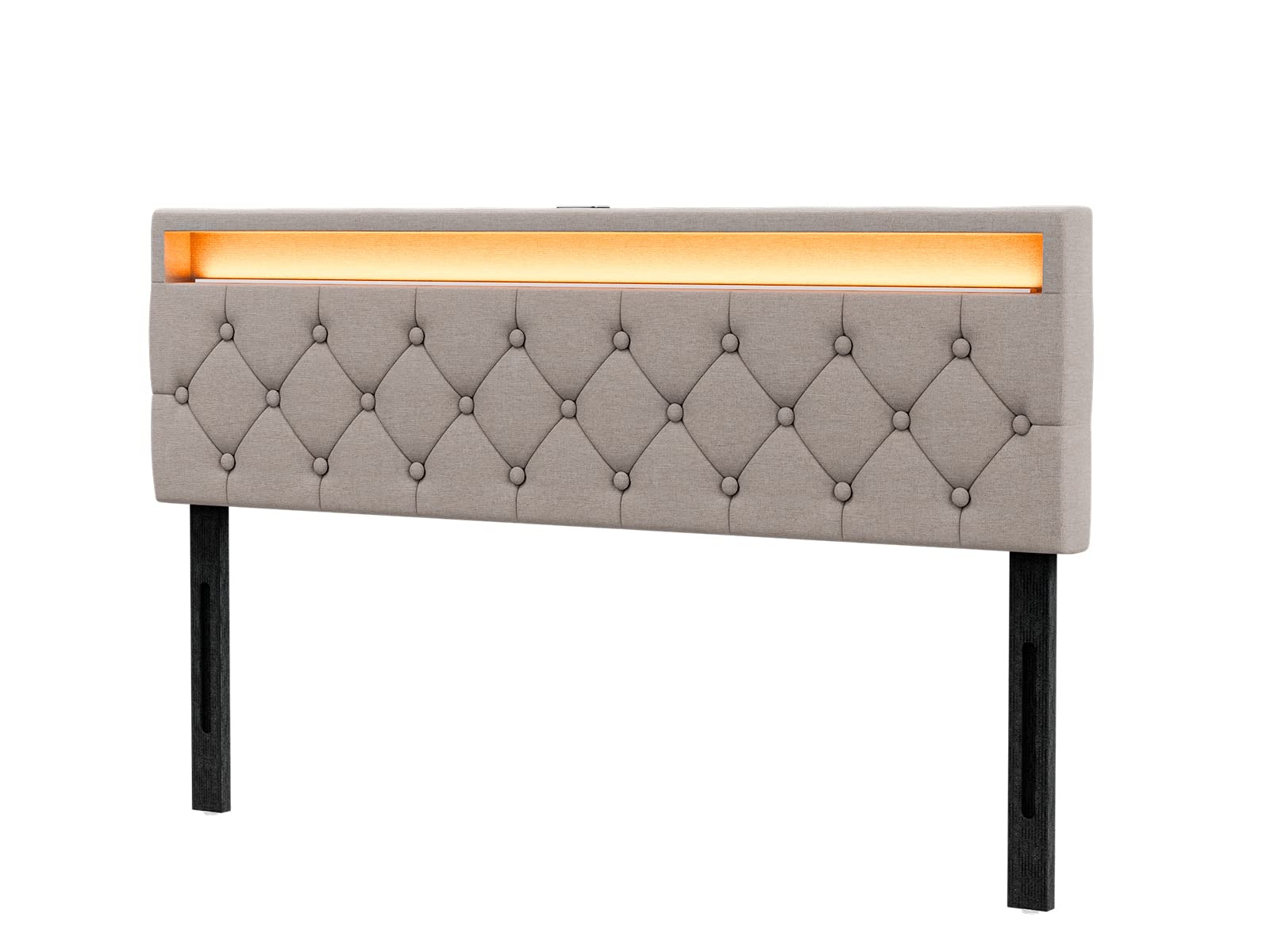 IKIFLY Upholstered Queen Size Headboard with LED Lights & 2 USB Ports - Adjustable Height - Button Tufted Linen Fabric Padded Headboard, Easy Assembly, Queen Headboard Only for Bedroom - Light Brown