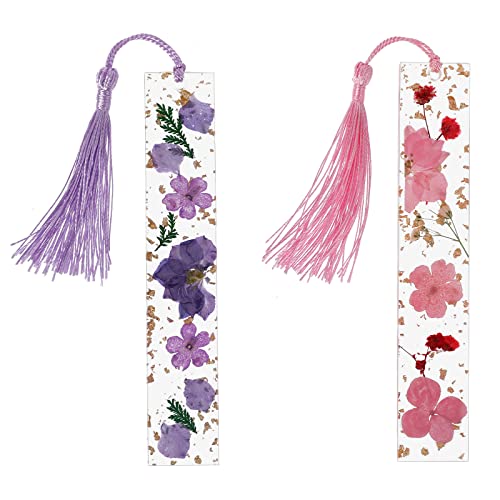 cobee Resin Dried Flower Bookmark, 2 Pieces Transparent Pressed Flower Bookmark Handmade Floral Page Marker with Tassel Cute Bookmark for Women Kids Book Lovers Gift
