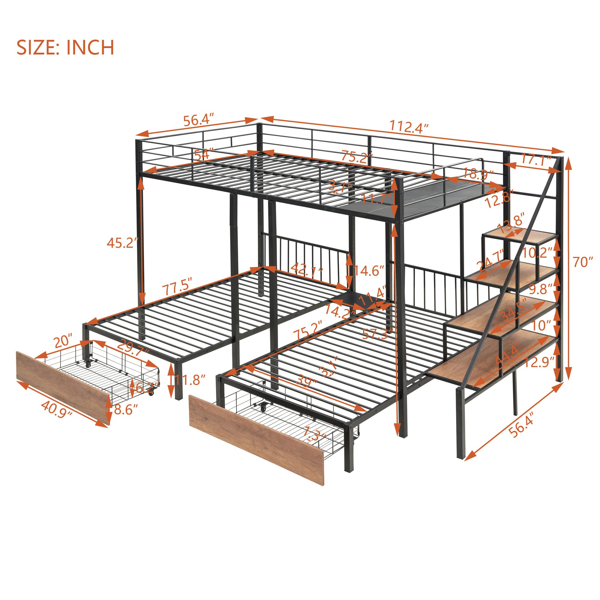 FANYHOME Full Over Twin & Twin Size Metal Bunk Bed with Drawers and Staircase, Divided into 4 Separate Beds, Heavy-Duty Steel Frame Bunk Bed for Kids Teens Adults (Black)