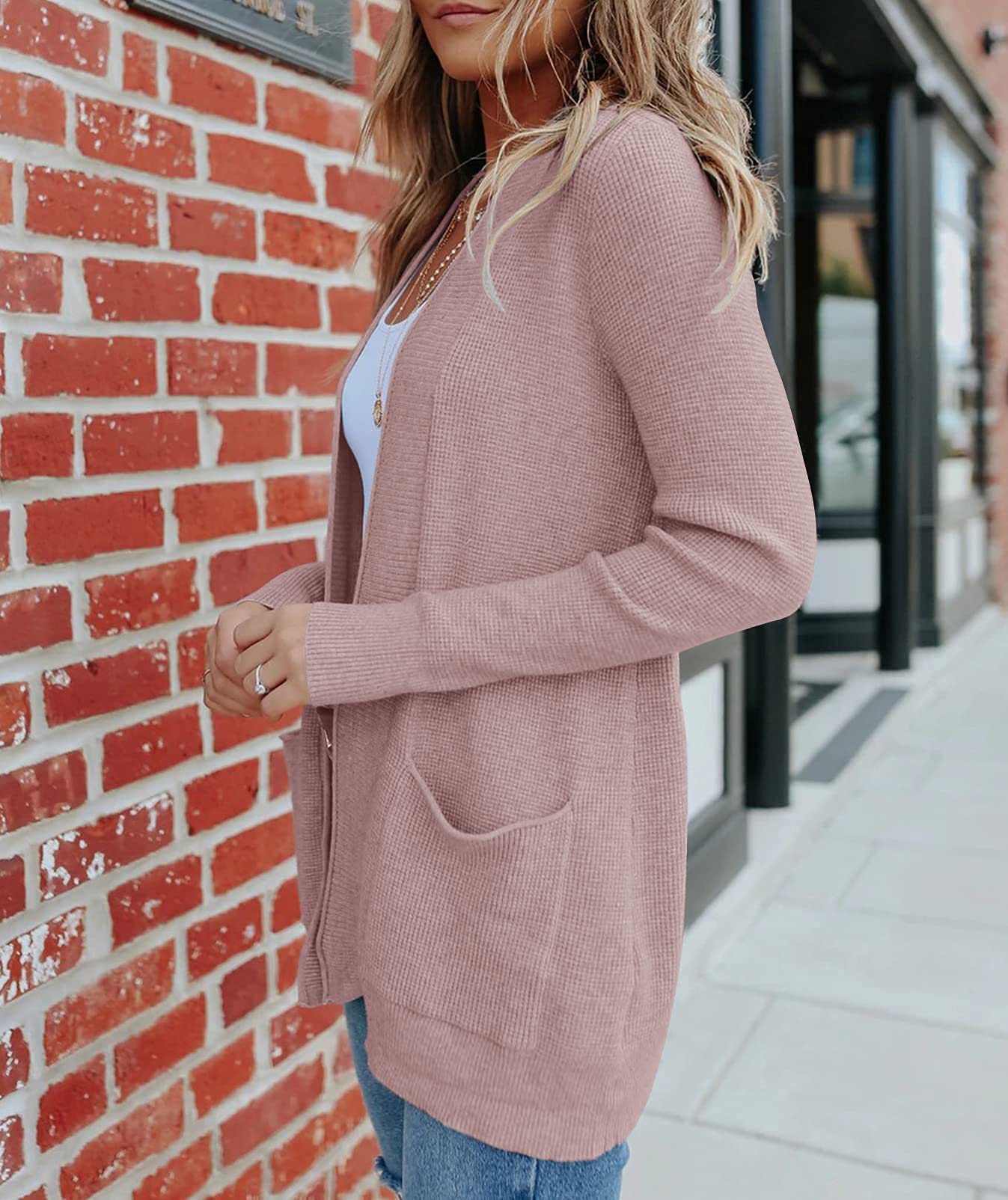 MEROKEETY Women's 2025 Fall Open Front Waffle Knit Cardigan Long Sleeve Cozy Knit Sweaters with Pockets, Dustypink, Medium