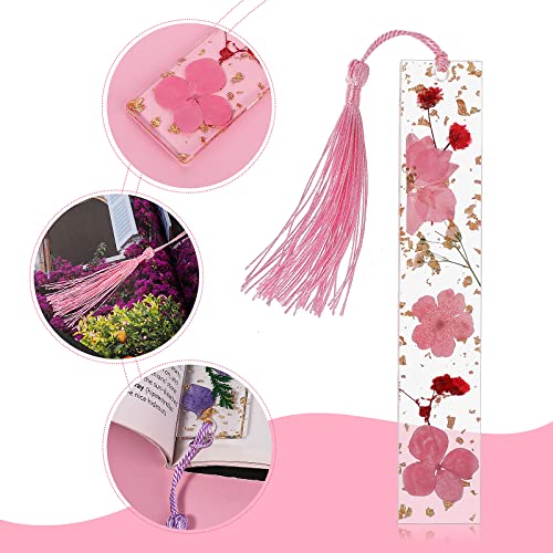 cobee Resin Dried Flower Bookmark, 2 Pieces Transparent Pressed Flower Bookmark Handmade Floral Page Marker with Tassel Cute Bookmark for Women Kids Book Lovers Gift