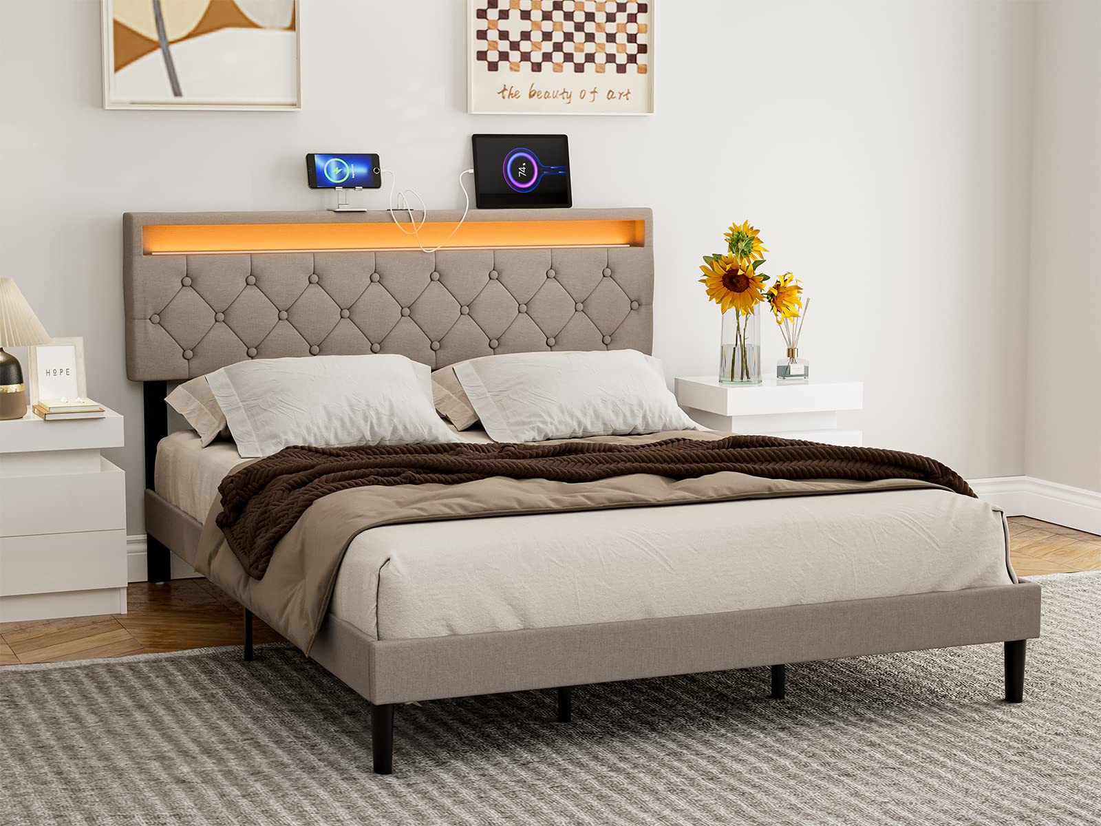 IKIFLY Upholstered Queen Size Headboard with LED Lights & 2 USB Ports - Adjustable Height - Button Tufted Linen Fabric Padded Headboard, Easy Assembly, Queen Headboard Only for Bedroom - Light Brown