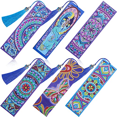 6 Pieces 5D Diamond Bookmark DIY Painting Bookmark Floral Beaded Bookmarks Leather Tassel Bookmark for DIY Making Arts Crafts Students Adults Graduation Birthday Embroidery (Elegant Style)
