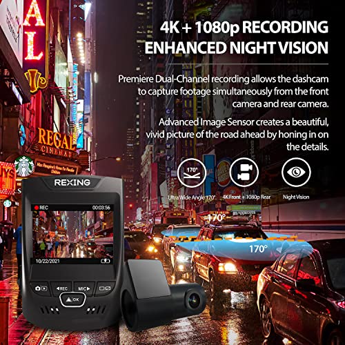 RexingUSA V1PGW-4K Dual Channel Car Dash Cam 2160p +1080p w/Built-in GPS Wi-Fi 2.4” LCD Screen | 170° Wide Angle Dashboard Camera Recorder with Rear Cam | G-Sensor | WDR | Loop Recording (2023)
