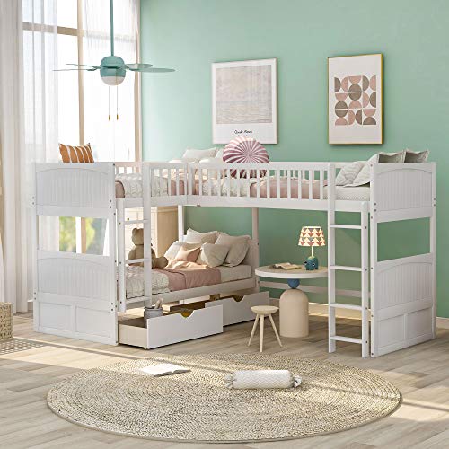 BOVZA Twin Over Twin L-Shaped Triple Bunk Beds with 2 Storage Drawers and 2 Ladders, Wood Bunk Beds with a Loft Attached for 3 Kids Teens, White