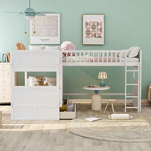 BOVZA Twin Over Twin L-Shaped Triple Bunk Beds with 2 Storage Drawers and 2 Ladders, Wood Bunk Beds with a Loft Attached for 3 Kids Teens, White