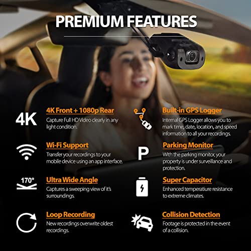 RexingUSA V1PGW-4K Dual Channel Car Dash Cam 2160p +1080p w/Built-in GPS Wi-Fi 2.4” LCD Screen | 170° Wide Angle Dashboard Camera Recorder with Rear Cam | G-Sensor | WDR | Loop Recording (2023)