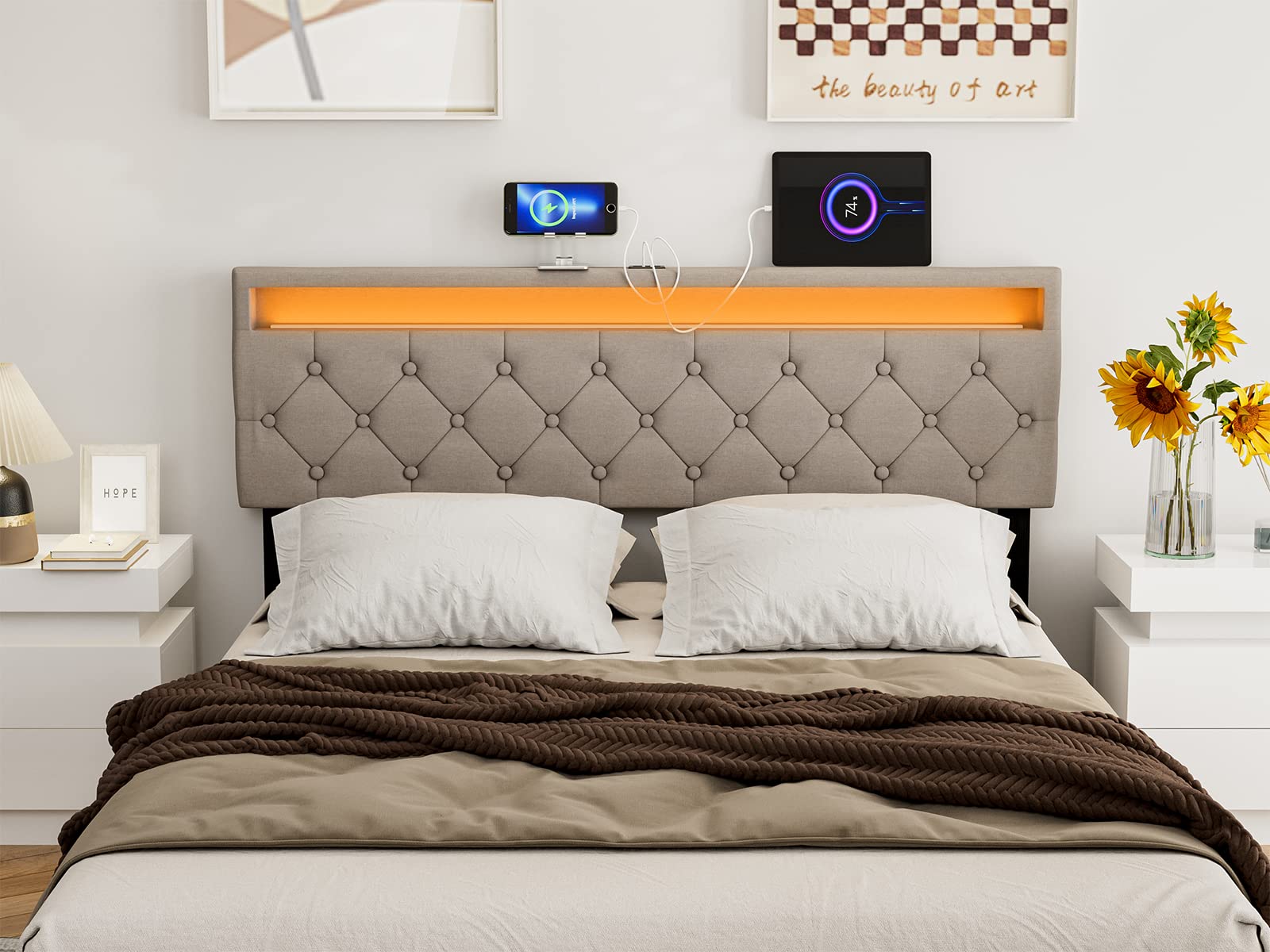 IKIFLY Upholstered Queen Size Headboard with LED Lights & 2 USB Ports - Adjustable Height - Button Tufted Linen Fabric Padded Headboard, Easy Assembly, Queen Headboard Only for Bedroom - Light Brown